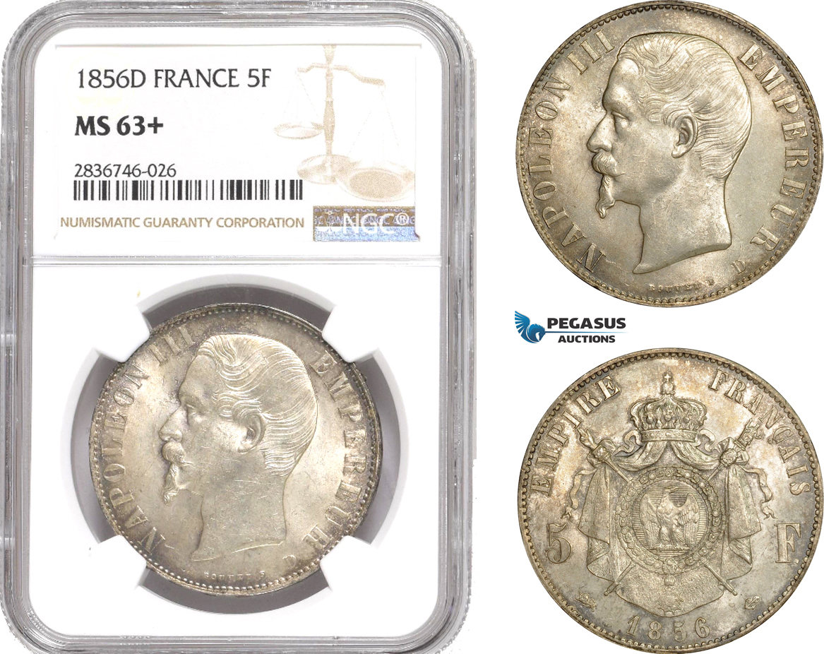 France 5 Francs 1856 Napoleon III, Rare! NGC MS63+ | MA-Shops