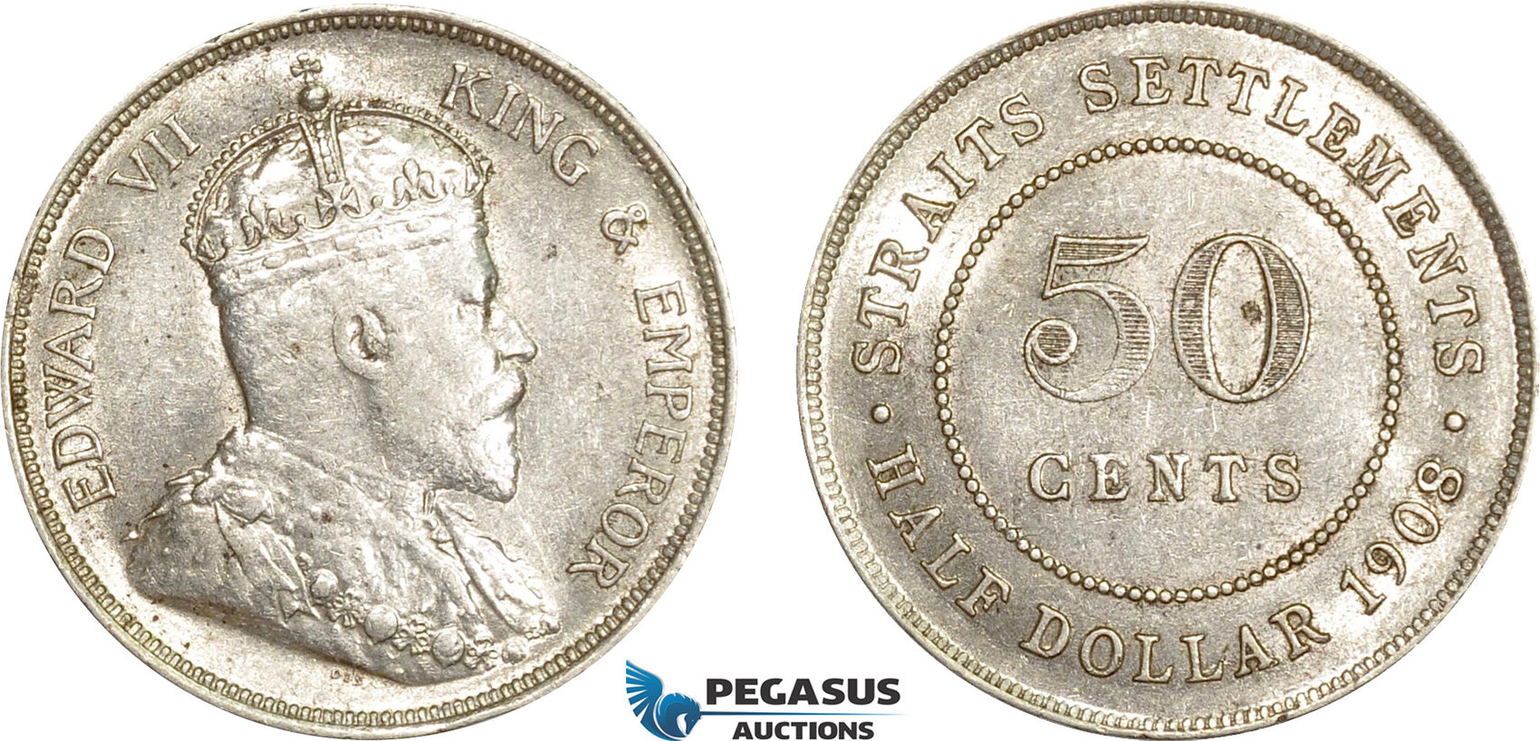 Straits Settlements 50 Cents 1908 Edward VII XF-AU | MA-Shops