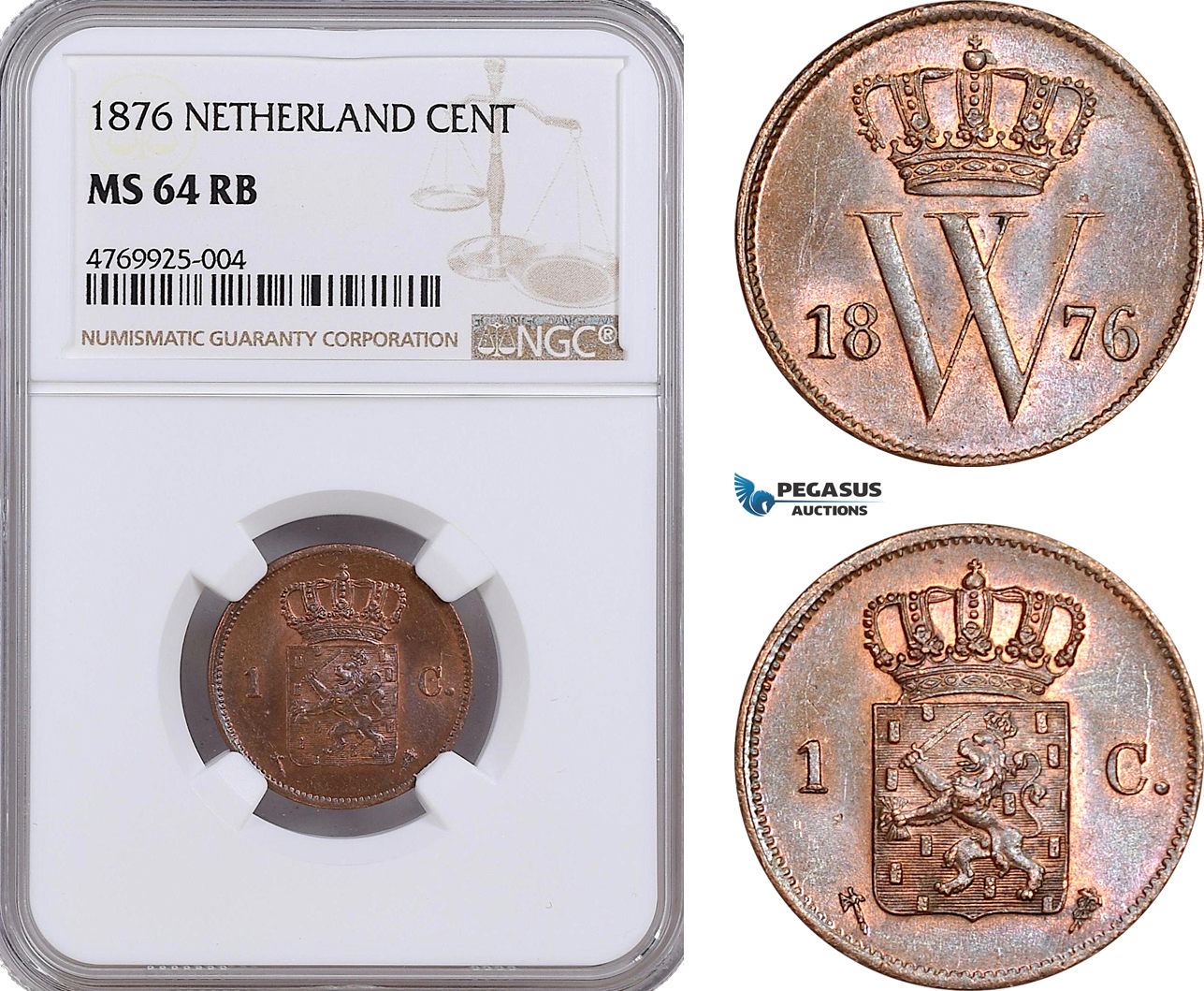 Netherlands 1 Cent 1876 Willem III NGC MS64RB | MA-Shops