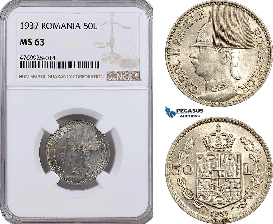 Romania 50 Lei 1937 Carol II NGC MS63 | MA-Shops