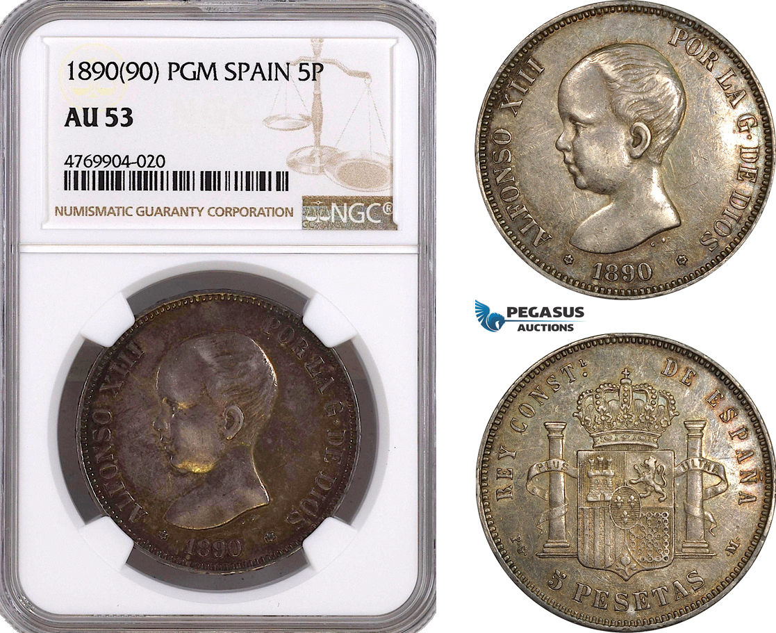 Spain 5 Pesetas 1890 Alfonso XIII NGC AU53 | MA-Shops
