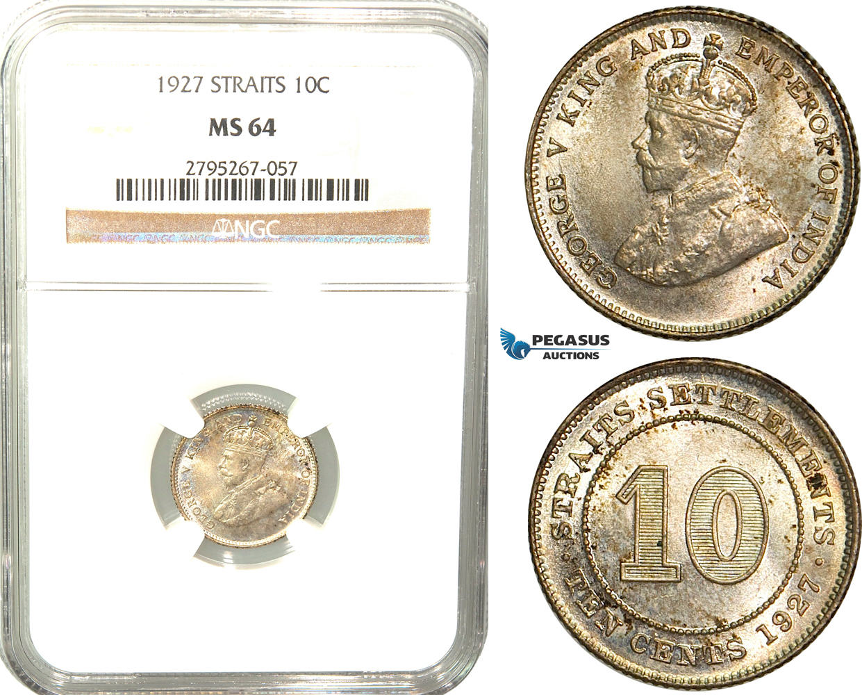 Straits Settlements 10 Cents 1927 George V NGC MS64 | MA-Shops