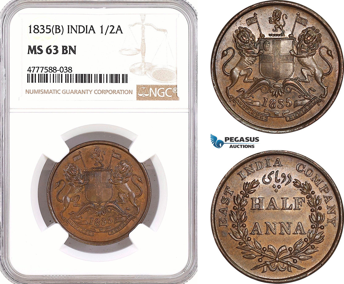 India 1/2 Anna 1835 NGC MS63BN | MA-Shops