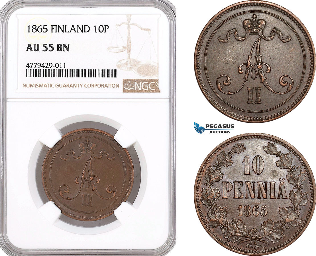 Finland 10 Penniä 1865 Alexander II. of Russia NGC AU55BN | MA-Shops