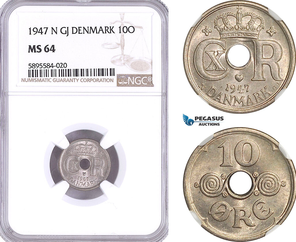 Denmark 10 Øre 1947 Christian X NGC MS64 | MA-Shops