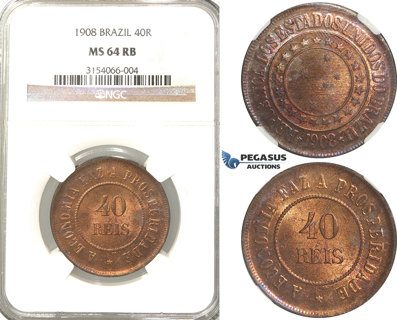 Brazil 40 Reis 1908 NGC MS64RB | MA-Shops