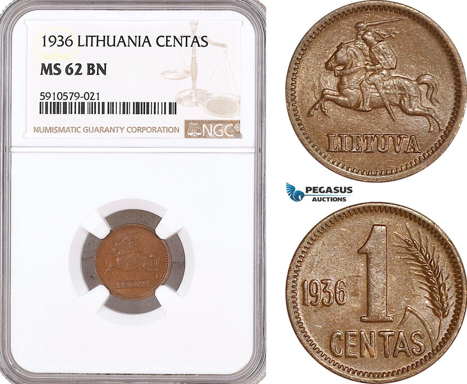 Lithuania 1 Centas 1936 NGC MS62BN | MA-Shops
