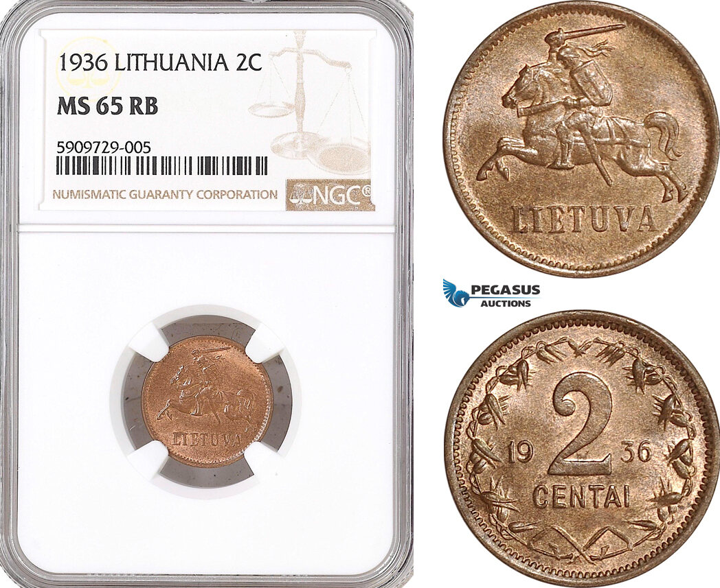 Lithuania 2 Centai 1936 NGC MS65RB | MA-Shops
