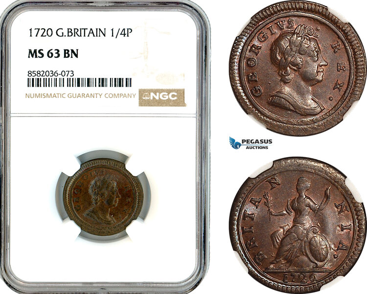 Great Britain Farthing (1/4 Penny) 1720 NGC MS63BN | MA-Shops