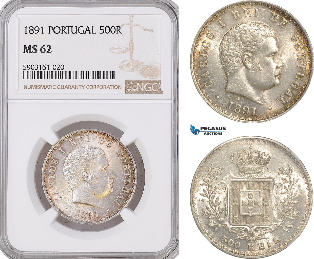 Portugal 500 Reis 1891 Carlos I NGC MS62 | MA-Shops