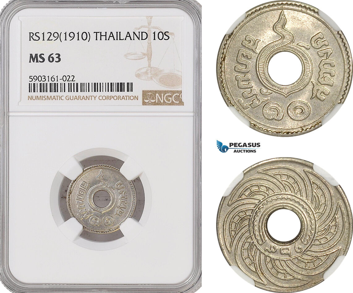 Thailand 10 Satang RS129 1910 Rama V NGC MS63 | MA-Shops