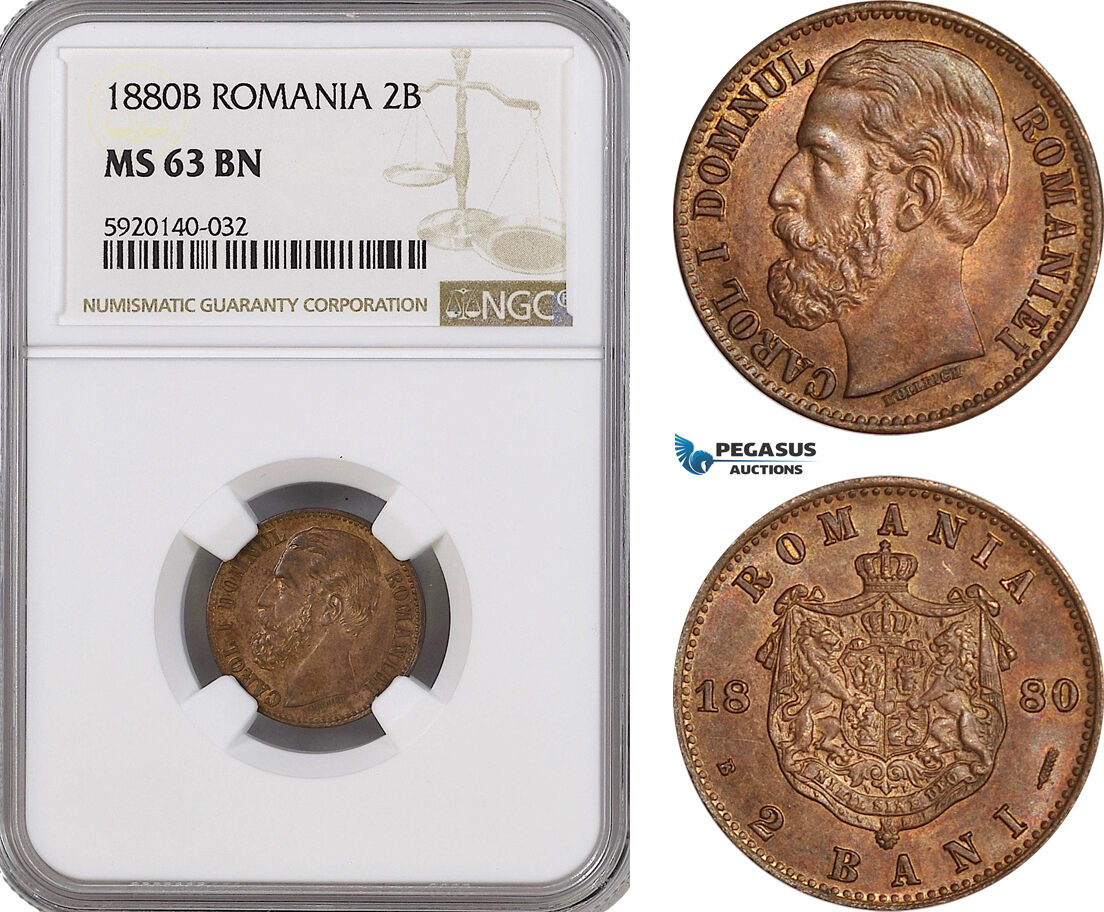 Romania 2 Bani 1880 Carol I NGC MS63BN | MA-Shops