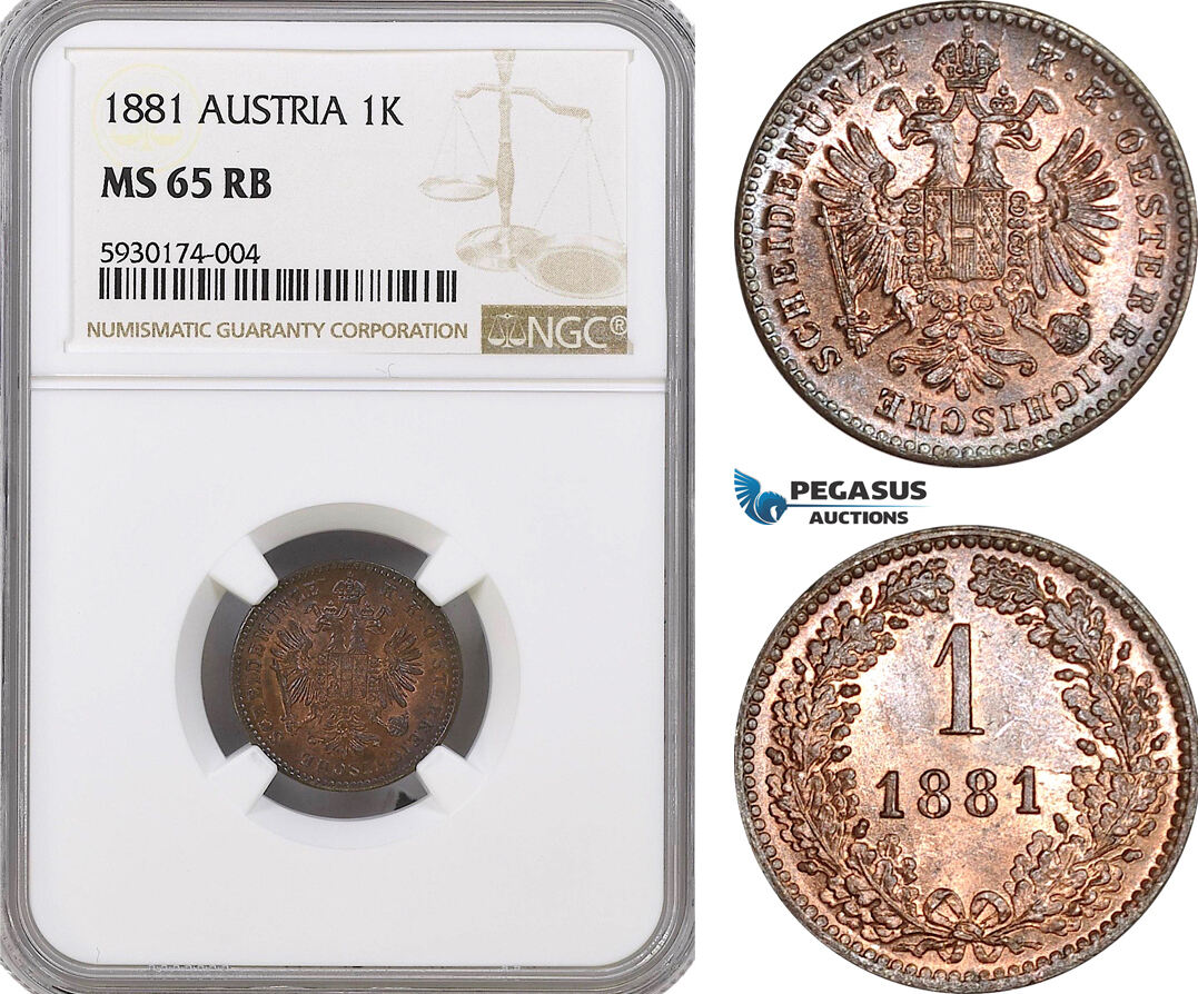 Austria 1 Kreuzer 1881 Franz Joseph NGC MS65RB | MA-Shops