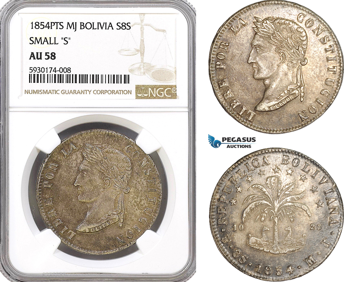 Bolivia 8 Soles 1854 NGC AU58 | MA-Shops