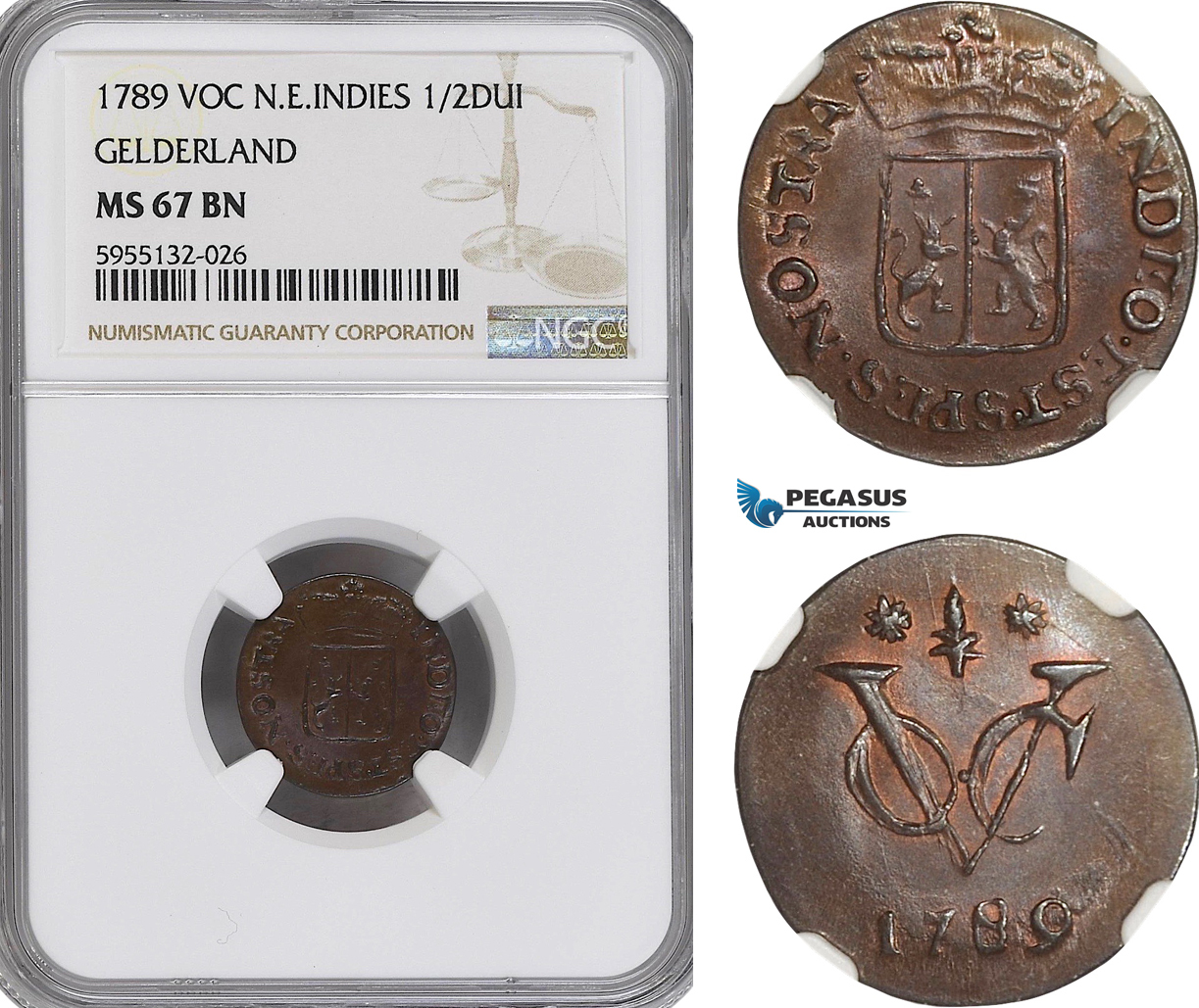 Netherlands East Indies 1/2 Duit 1789 VOC, Pop 1/0 NGC MS67BN | MA-Shops