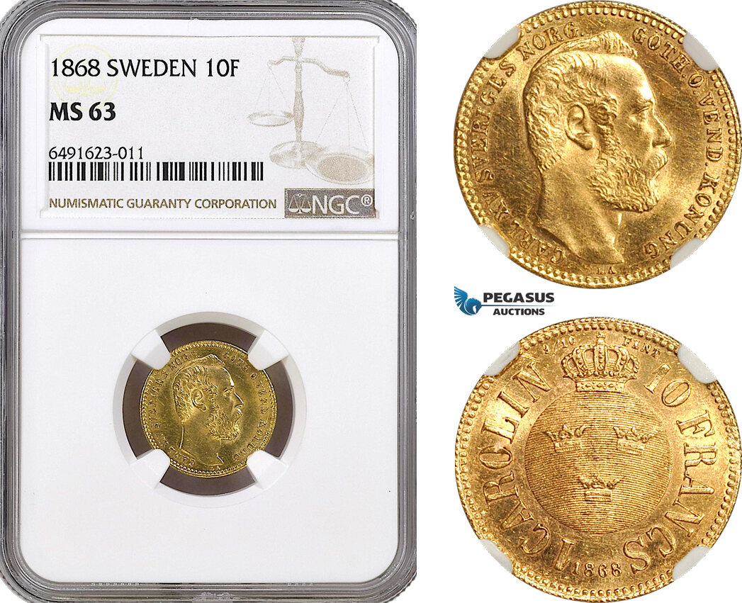 Sweden 1 Carolin / 10 Francs 1868 NGC MS63 | MA-Shops