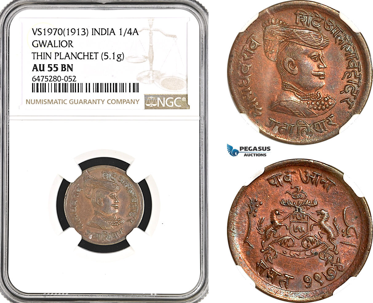 India, Gwalior 1/4 Anna 1913 NGC AU55BN | MA-Shops