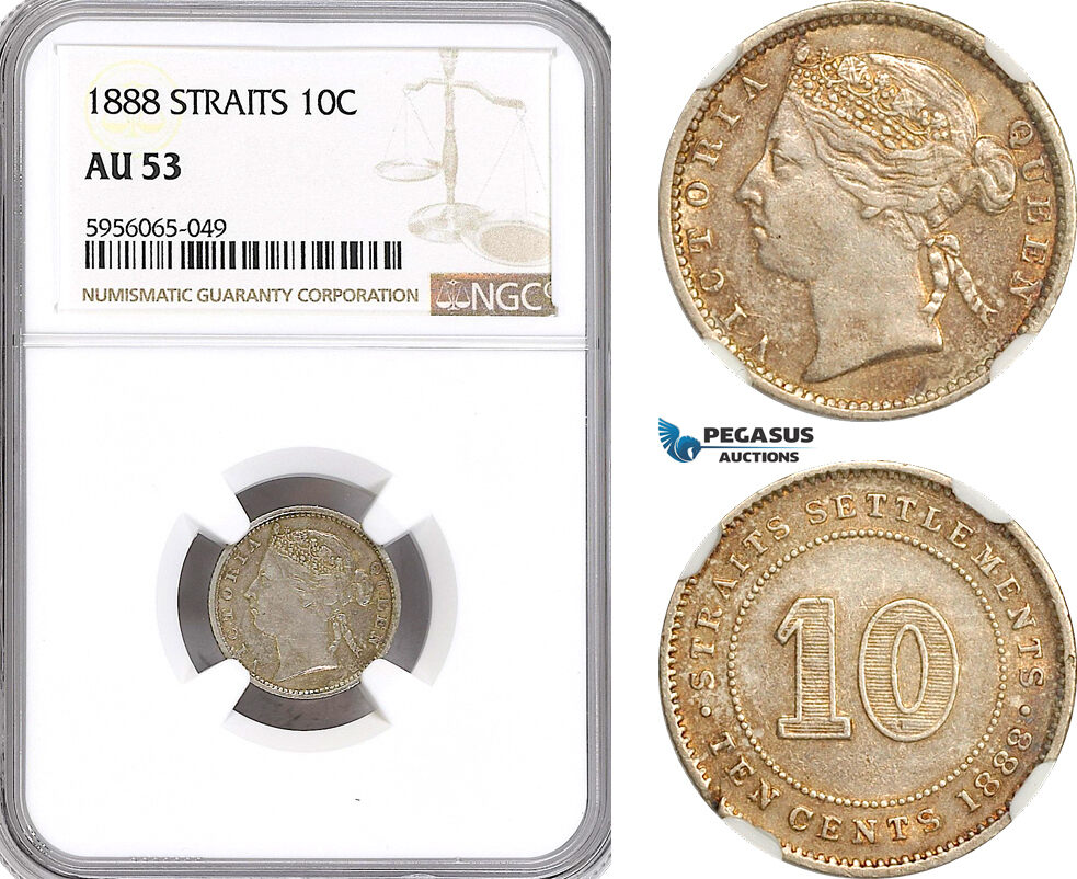 Straits Settlements 10 Cents 1888 NGC AU53 | MA-Shops
