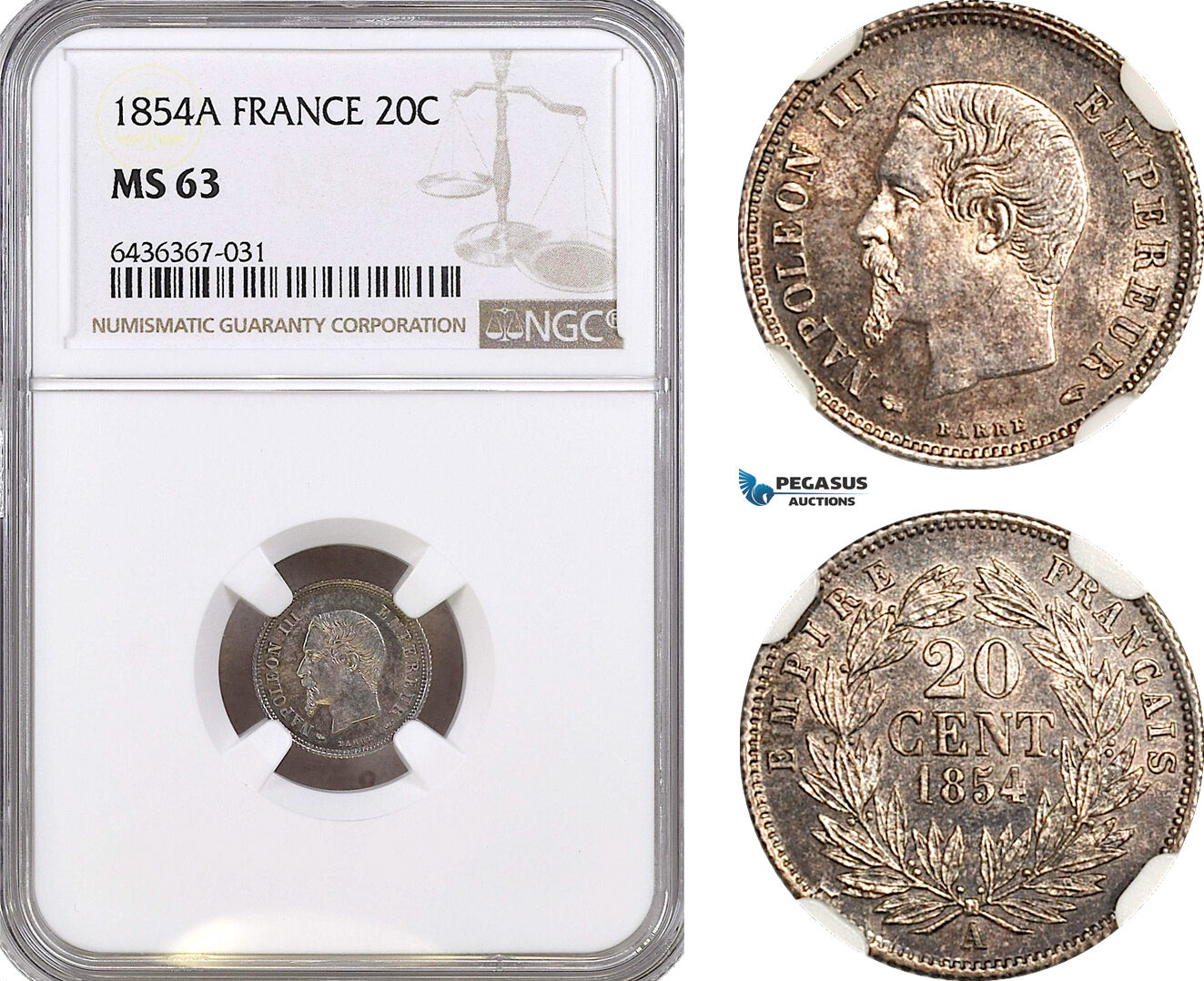 France 20 Centimes 1854 NGC MS63 | MA-Shops