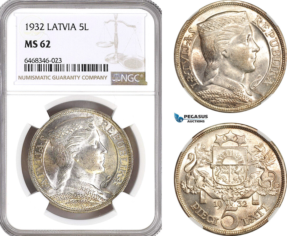Latvia 5 Lati 1932 NGC MS62 | MA-Shops