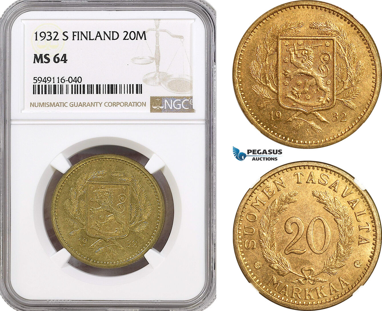 Finland 20 Markkaa 1932 NGC MS64, Top Pop | MA-Shops