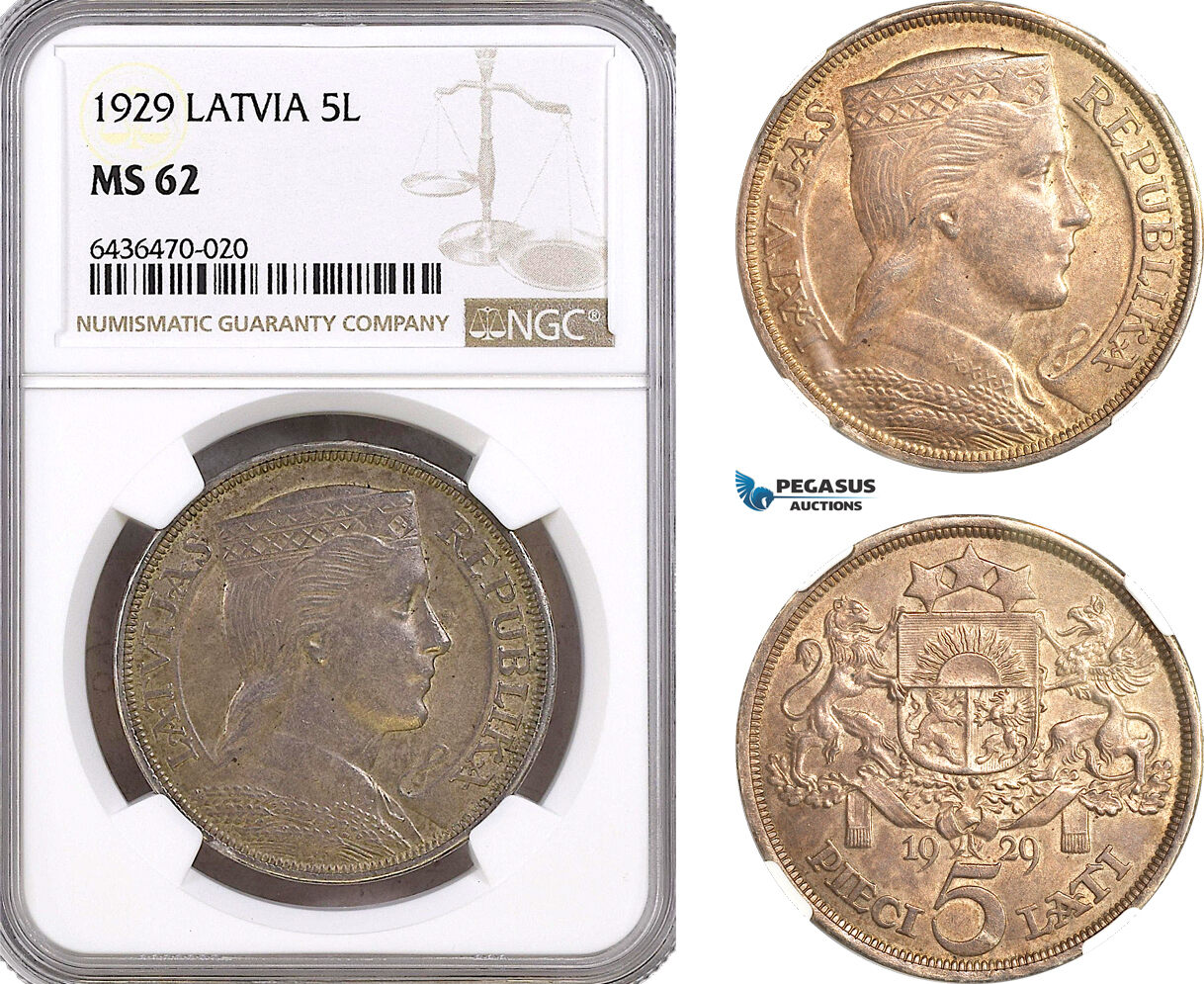 Latvia 5 Lati 1929 NGC MS62 | MA-Shops