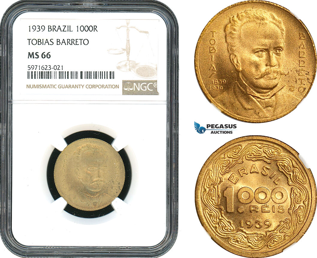 Brazil 1000 Reis 1939 NGC MS66, Top Pop | MA-Shops