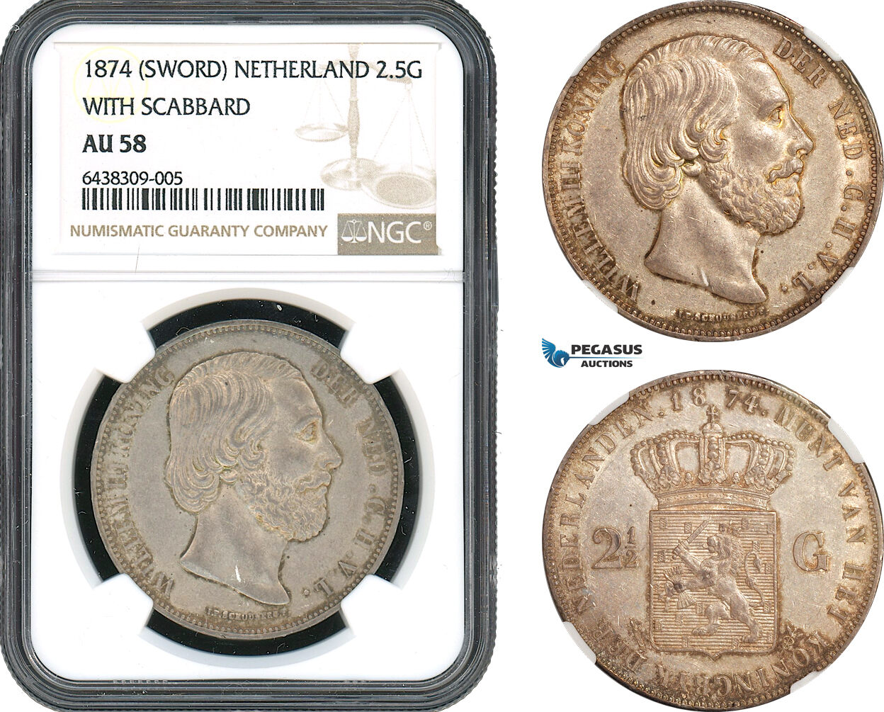 Netherlands 2 1/2 Gulden 1874 NGC AU58 | MA-Shops