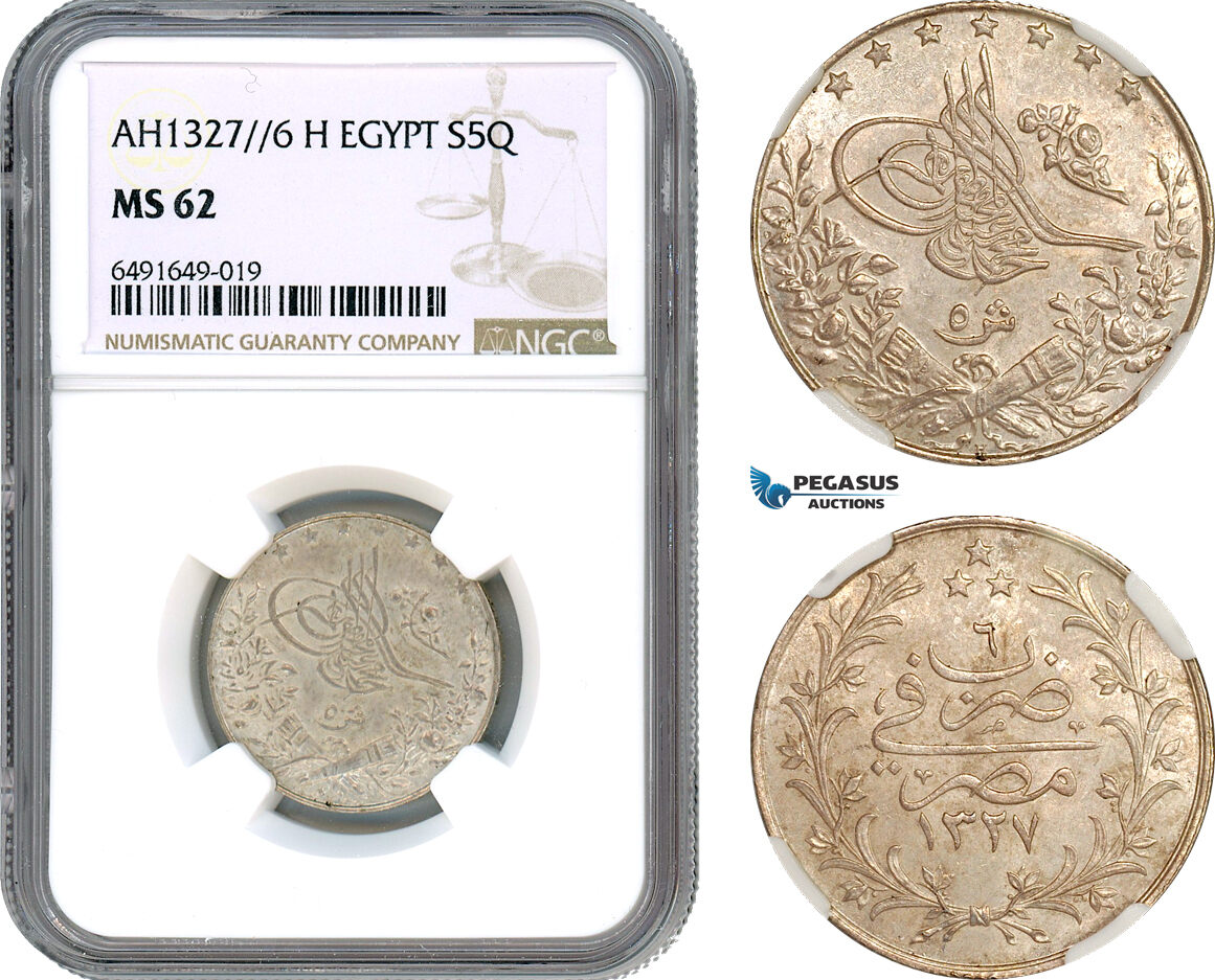Egypt 5 Qirsh AH1327//6 NGC MS62 | MA-Shops