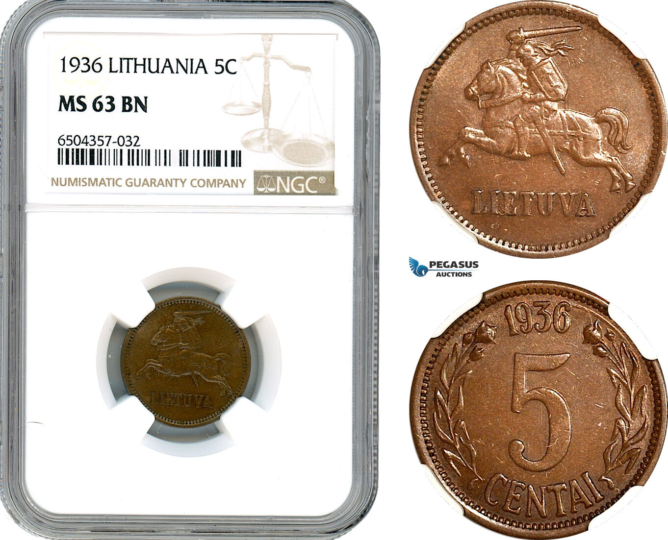 Lithuania 5 Centai 1936 NGC MS63BN | MA-Shops