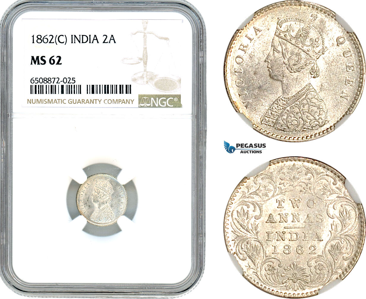 India, British 2 Annas 1862 NGC MS62 | MA-Shops