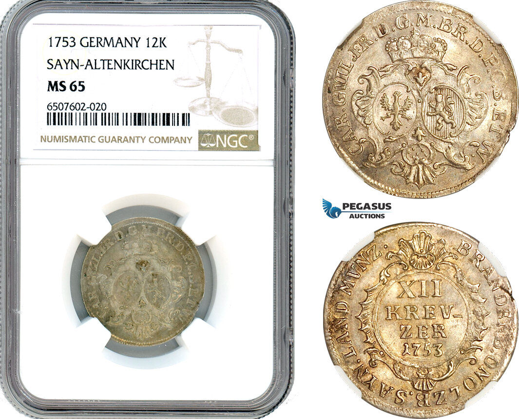 Germany, Sayn Altenkirchen 12 Kreuzer 1753 NGC MS65, Pop 1 / 0 | MA-Shops
