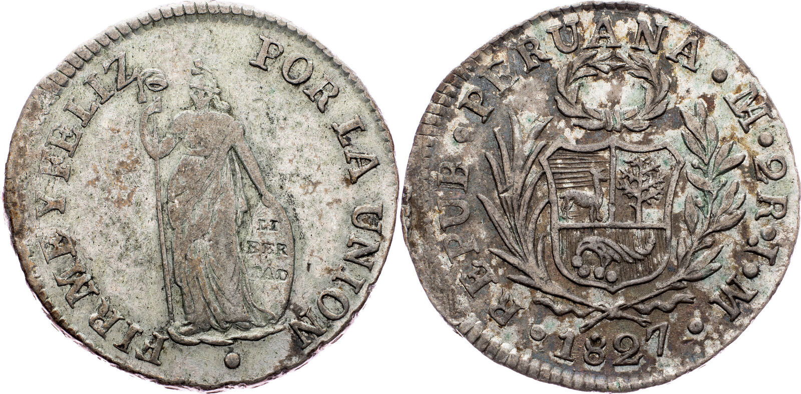 Peru 2 Reales 1827 toned VF+ | MA-Shops