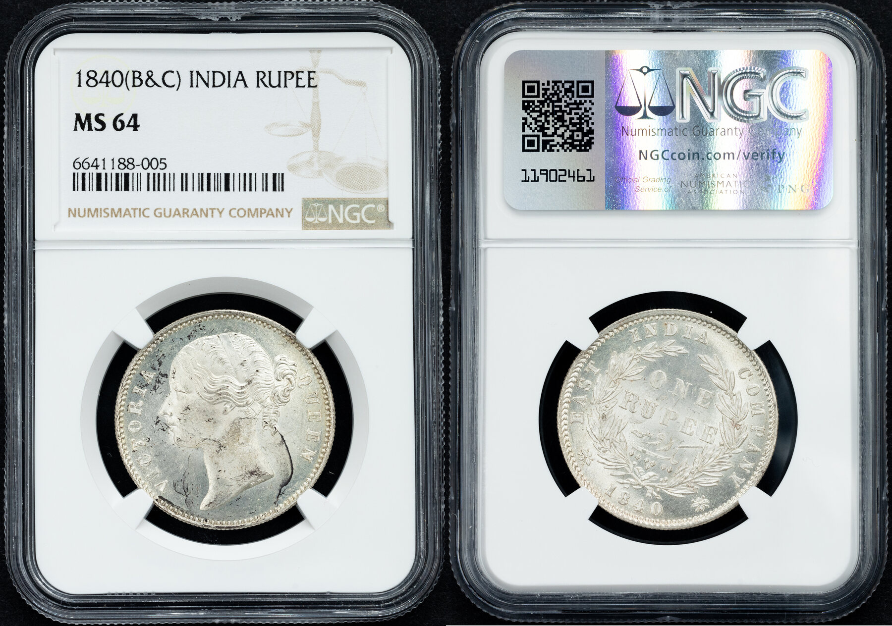 India - British 1 Rupee 1840 B&C Victoria MS 64 | MA-Shops