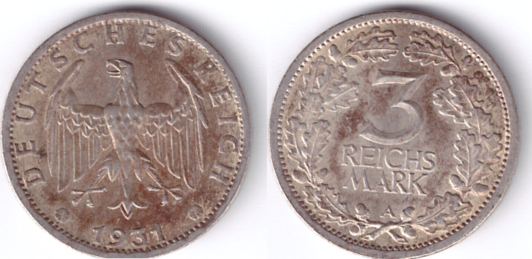 Germany 3 Mark 1931A xf | MA-Shops