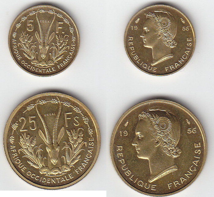 Französische Kolonien Probe 5 und 25 Francs Westafrika Probe 2 und 25 Francs 1956 (2 Stück) CH ...