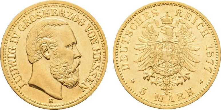 Kaiserreich Hessen 5 Mark Gold 1877 H Ludwig IV. 1877-1892 EF | MA-Shops