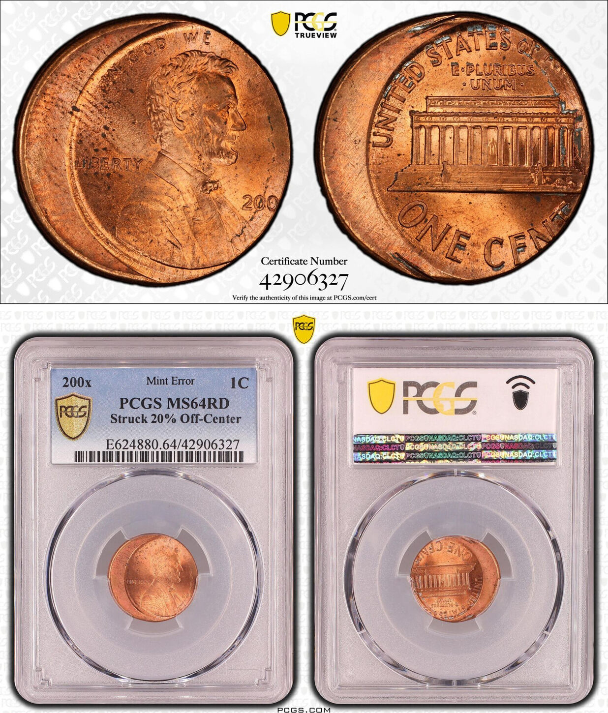 USA 1-CENT-MINT-ERROR 200x STRUCK-20%-OFF-CENTER PCGS-MS64RD | MA-Shops