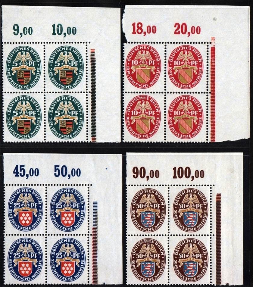 Deutsches Reich 5-50 Pfg. 1926 398-401 Nothilfe Landeswappen im Eckrand-Viererblock postfrisch ...