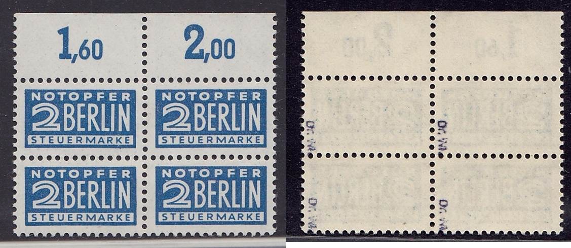 Bizone 2 Pfg 1954 Notopfer Oberrandviererblock, gutes Wasserzeichen Y ...
