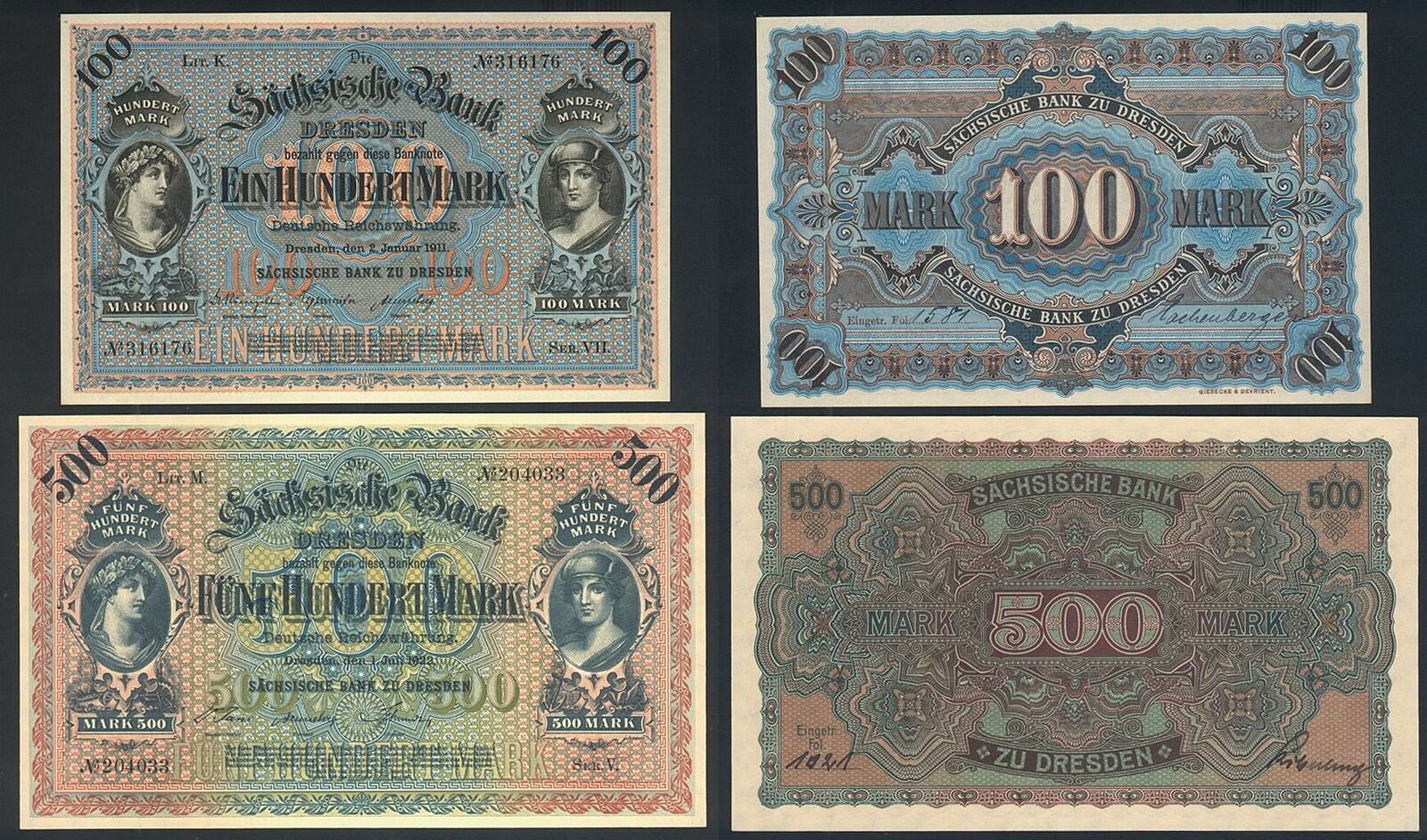 Deutsches Reich - Sachsen 100 + 500 Mark 1911, 1922 Sächsische Bank ...