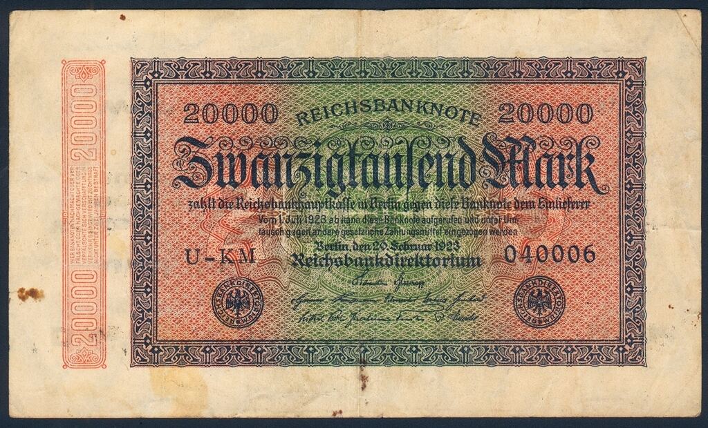 Deutsches Reich Judaika 20.000 M. 1928/33 Banknote mit Propaganda ...