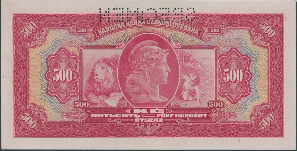 CSSR 500 Kor. 1929 Pi. 24s 'Pätsto Korun' Serie F mit SPECIMEN-Lochung ...