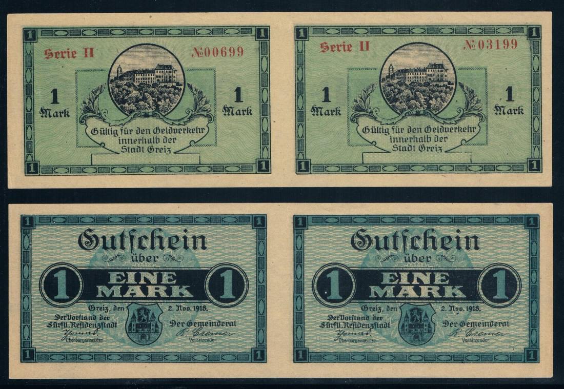Deutschland 1 Mark 1918 Greiz, zwei zusammenhängende Scheine mit KN ...
