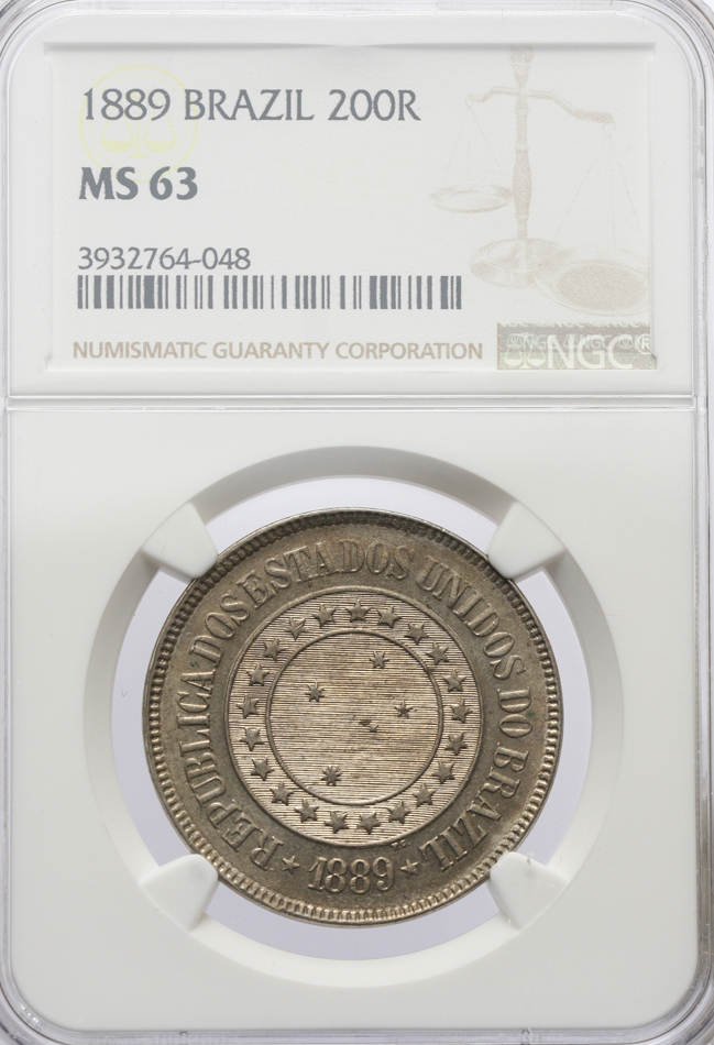 Brazil 200 Reis 1889 NGC MS 63 | MA-Shops