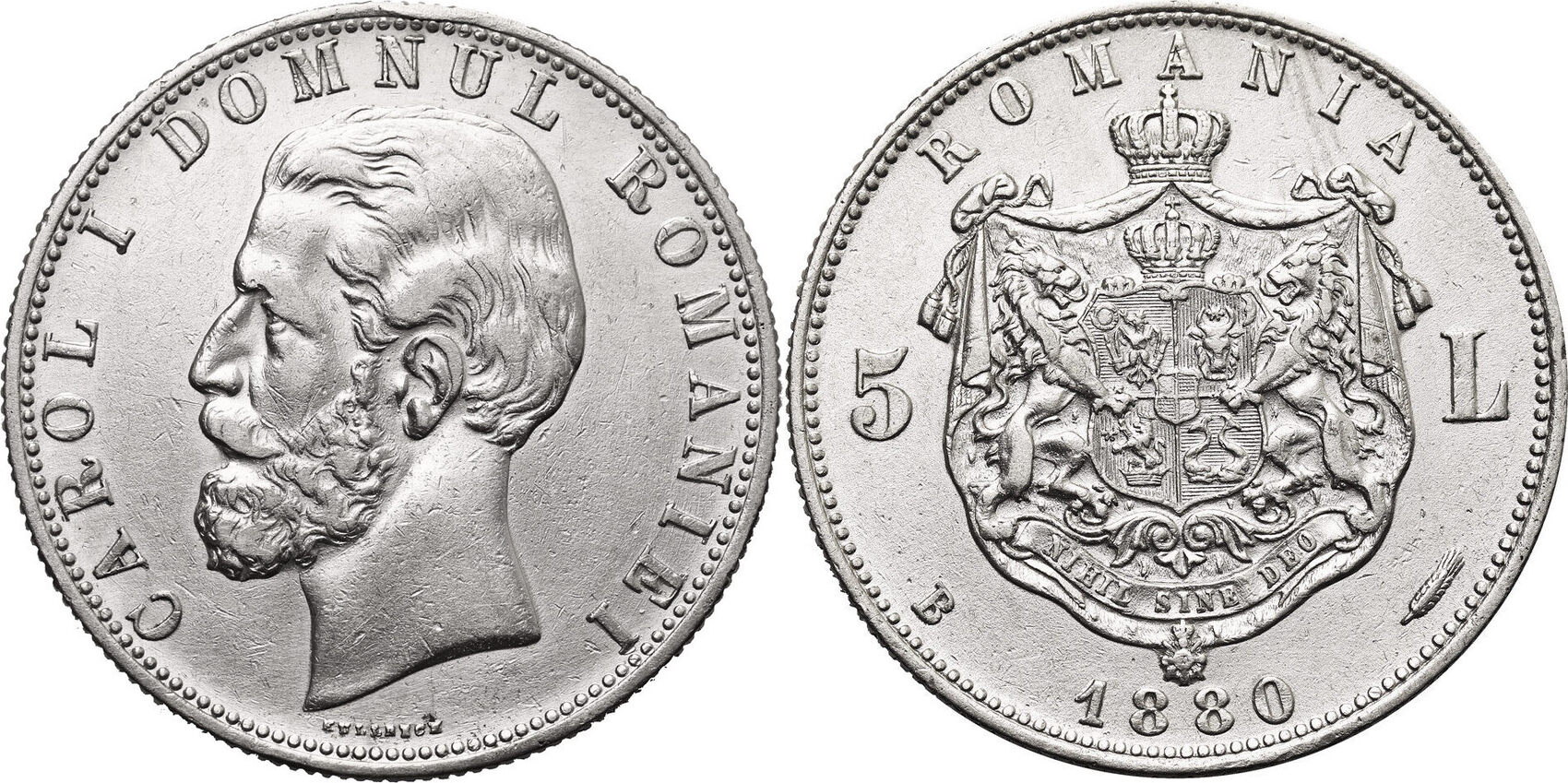 Romania, Carol I 5 Lei 1880 B aXF | MA-Shops