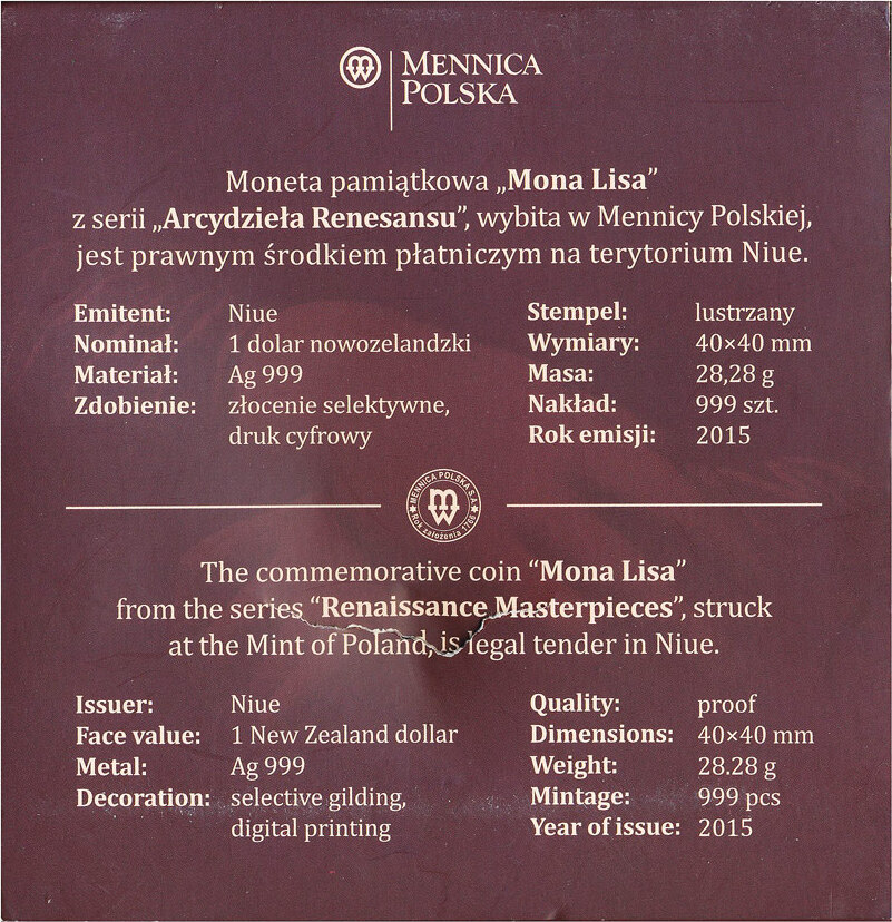 Niue 1 Dollar 2015 Mona Lisa Proof | MA-Shops