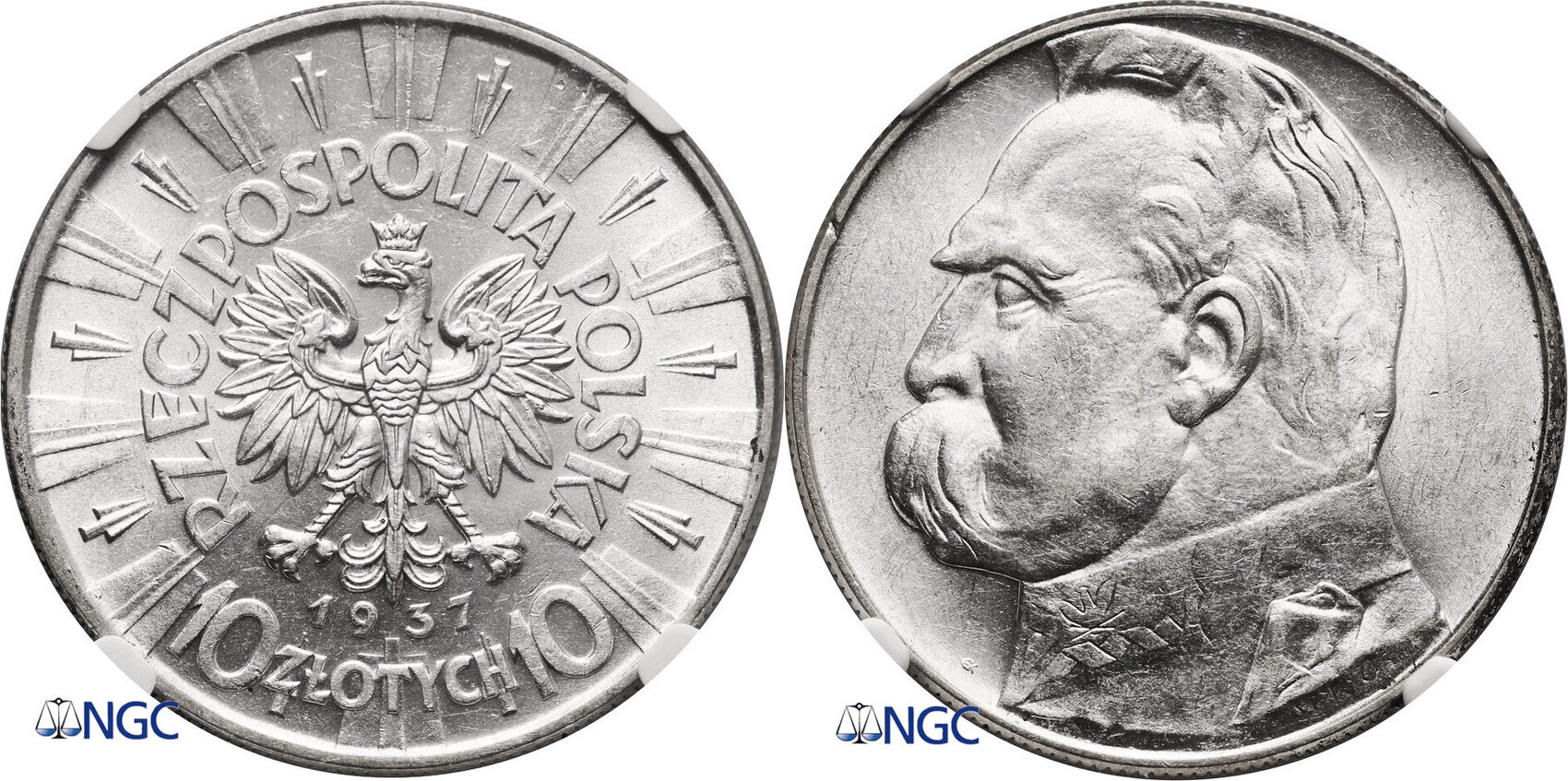 Poland 10 Zlotych 1937 Jozef Pilsudski NGC AU 58 | MA-Shops