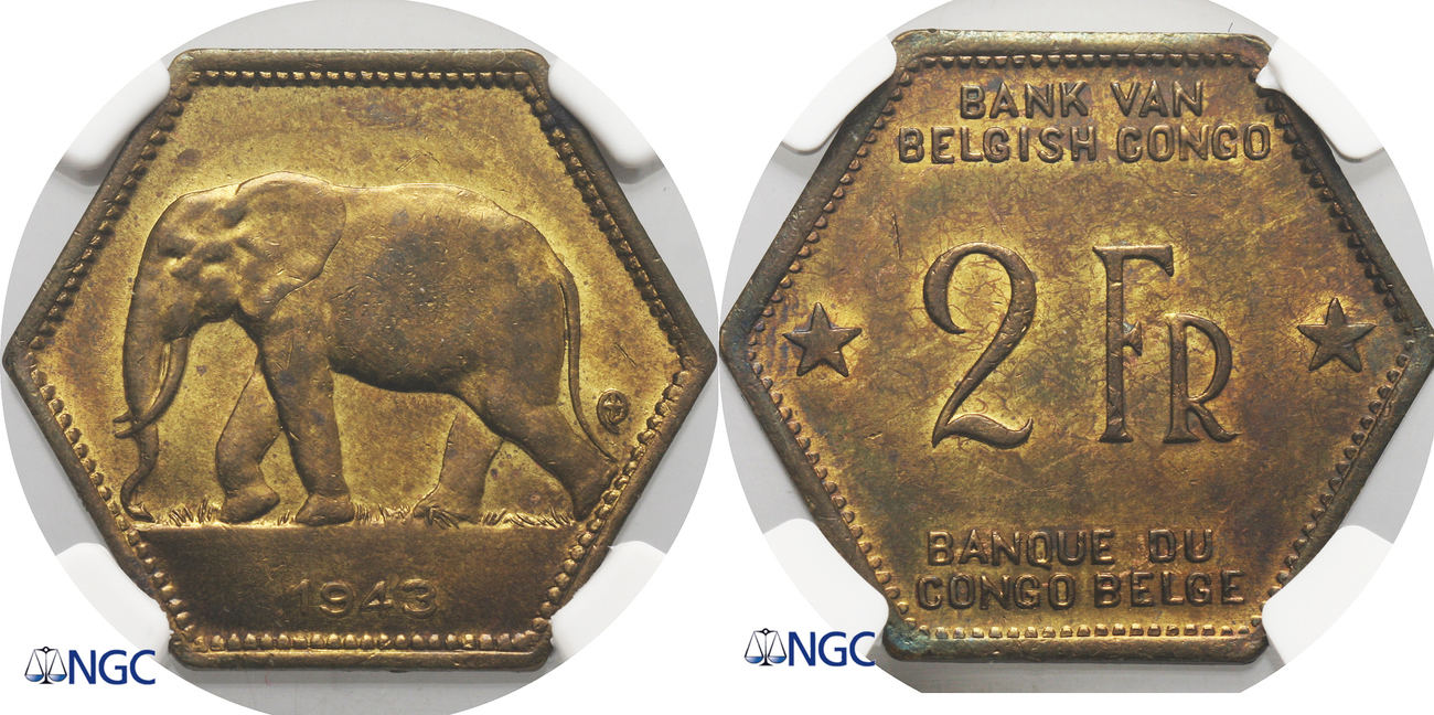 Belgian Congo 2 Francs 1943 NGC MS 64+ | MA-Shops