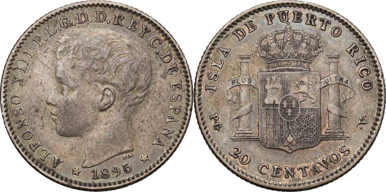 Puerto Rico 20 Centavos 1895 VF | MA-Shops